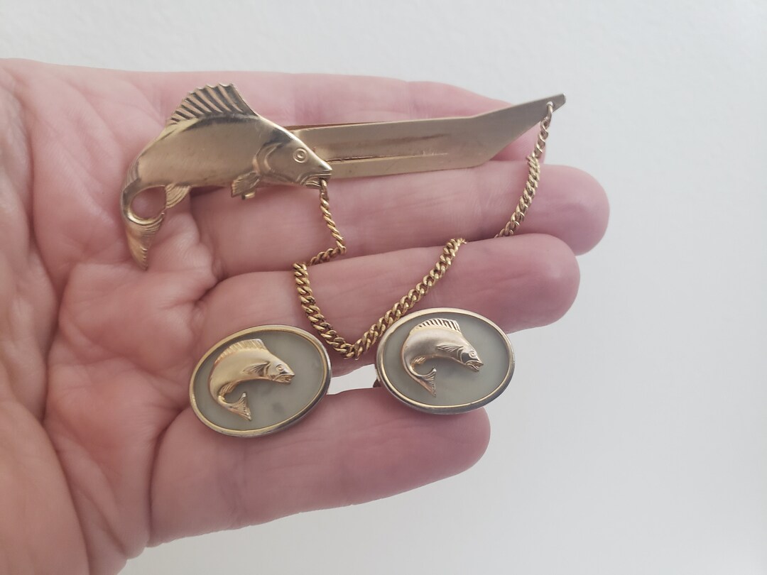 Vintage Anson Fishing Tie Clip and Cufflink Set - Gold Tone in ...
