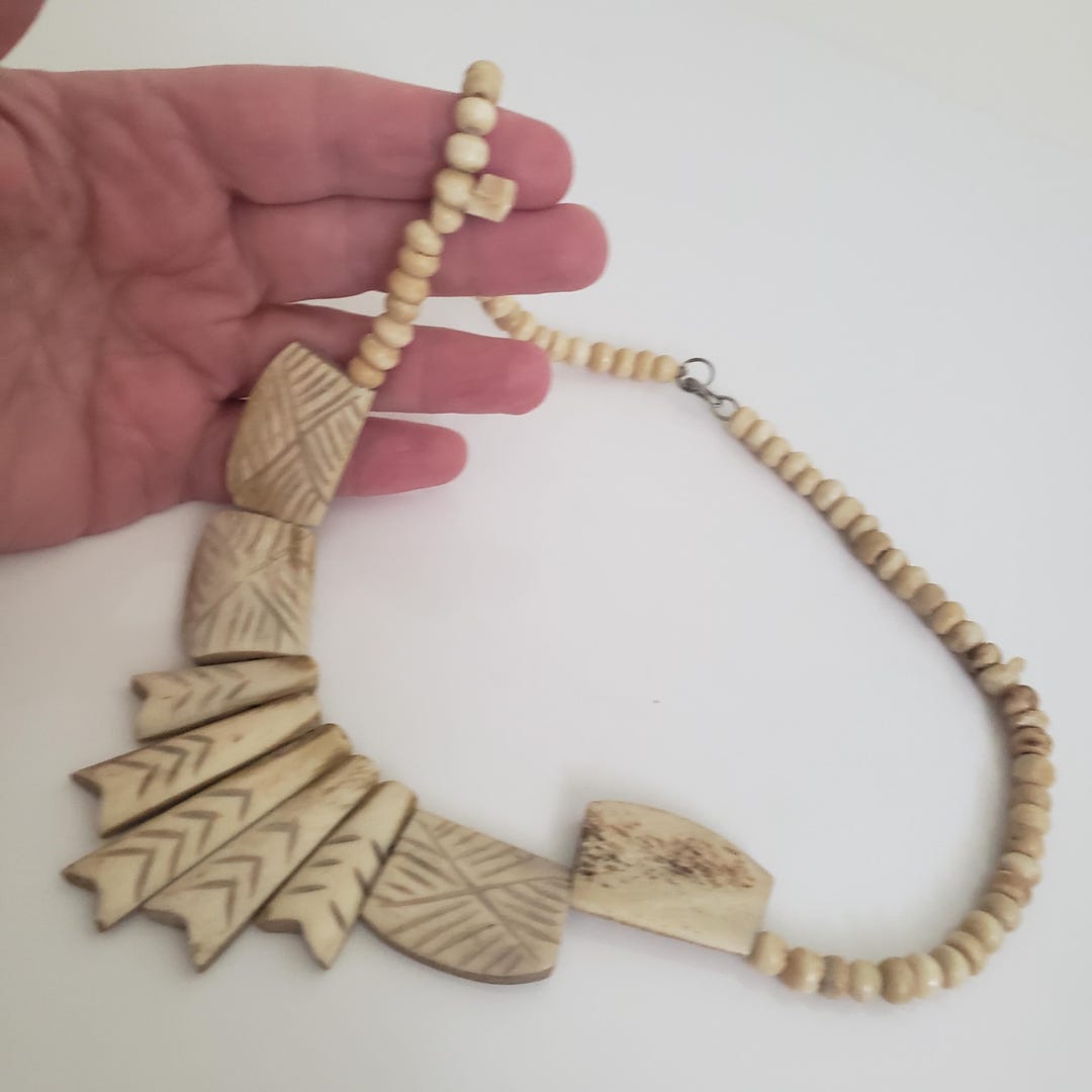 Vintage Carved Bone Bead Necklace - Etsy