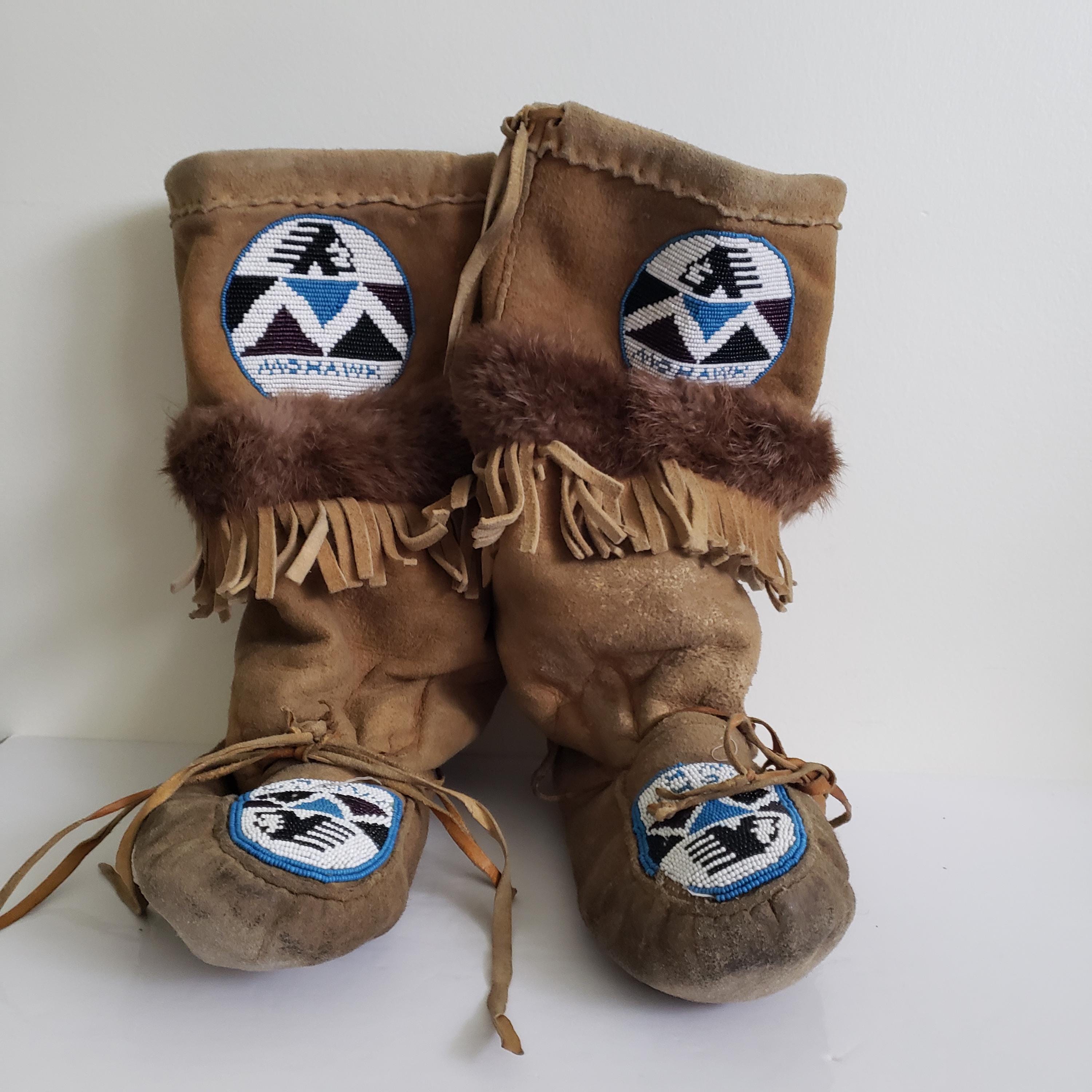 Vintage Elk Skin Moccasin Boots, Fur & Beaded Detail, Women's Size 9 - Etsy