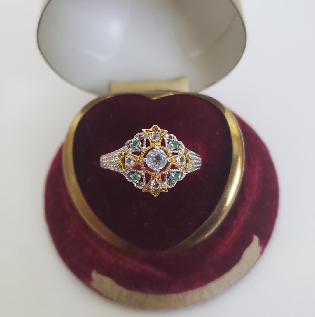 Vintage Claddagh Clear and Green CZ Ring, 925 Silver With Gold Vermeil ...