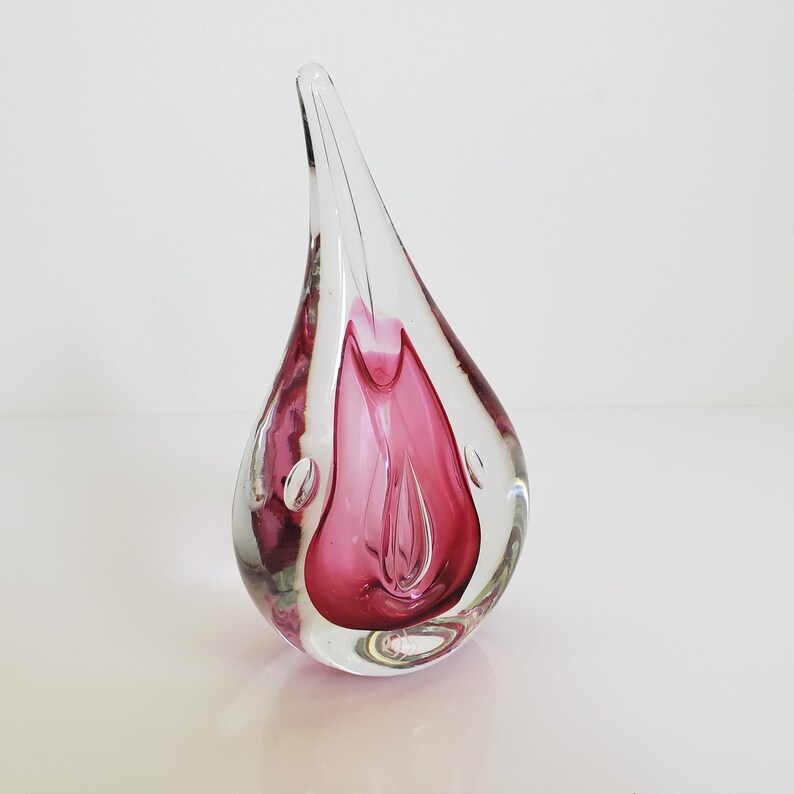 Adam Jablonski Signed Teardrop Art Glass Paperweight, Red and Clear ...
