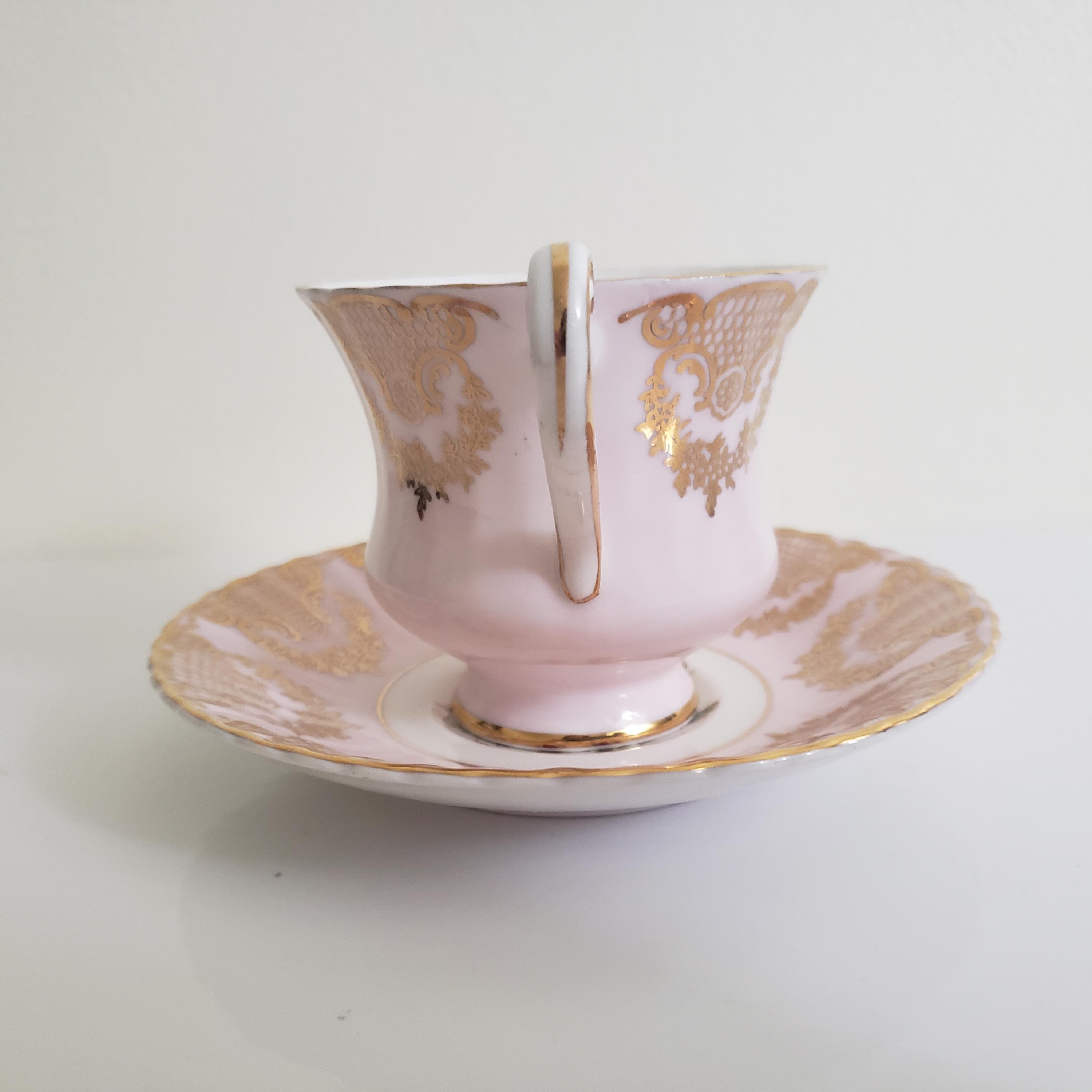 Mid Century Paragon Pink Teacup and Saucer: Gold Filigree, Rose Detail ...