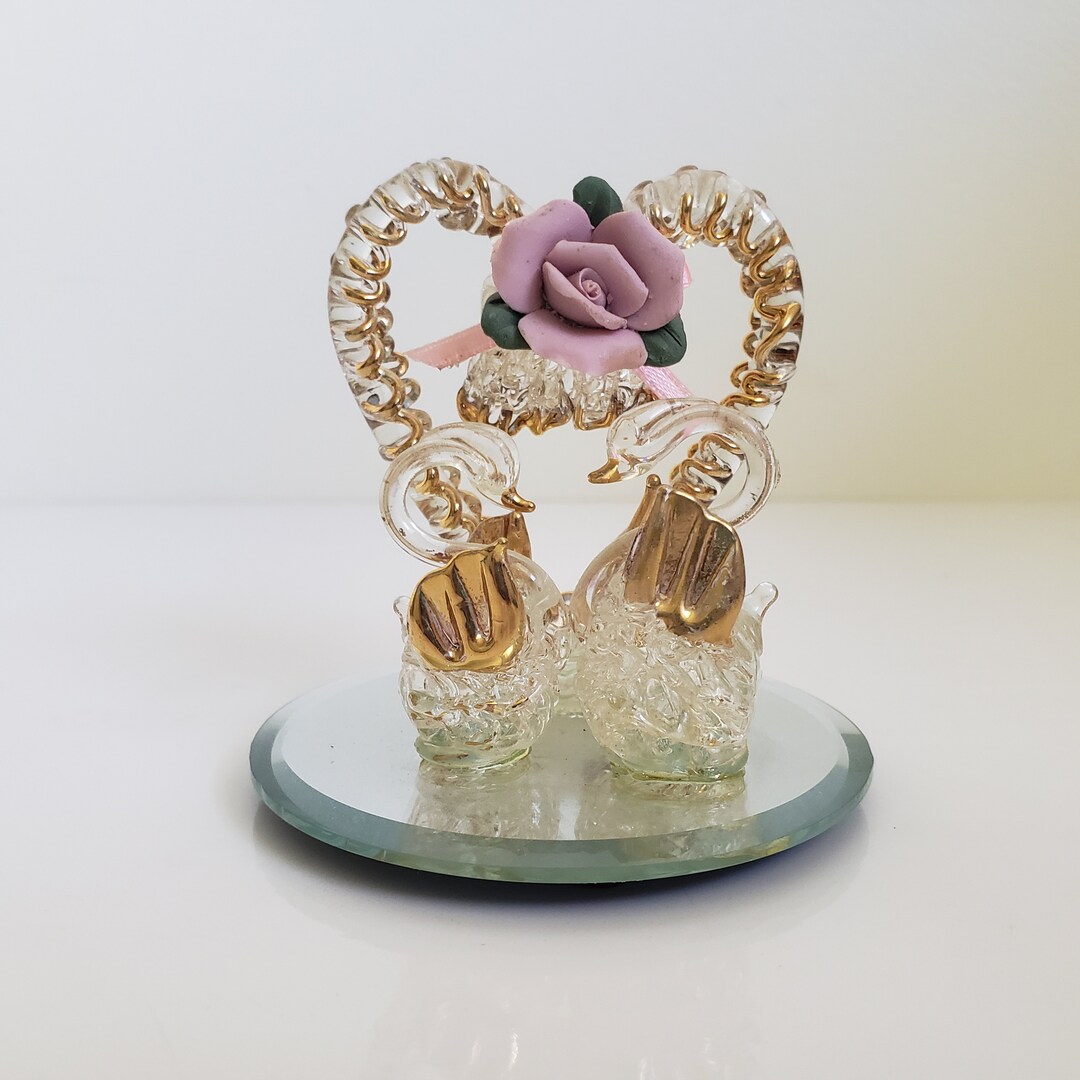 Vintage Spun Glass Swan Pair With Heart, Rose, and Bells Backdrop on ...