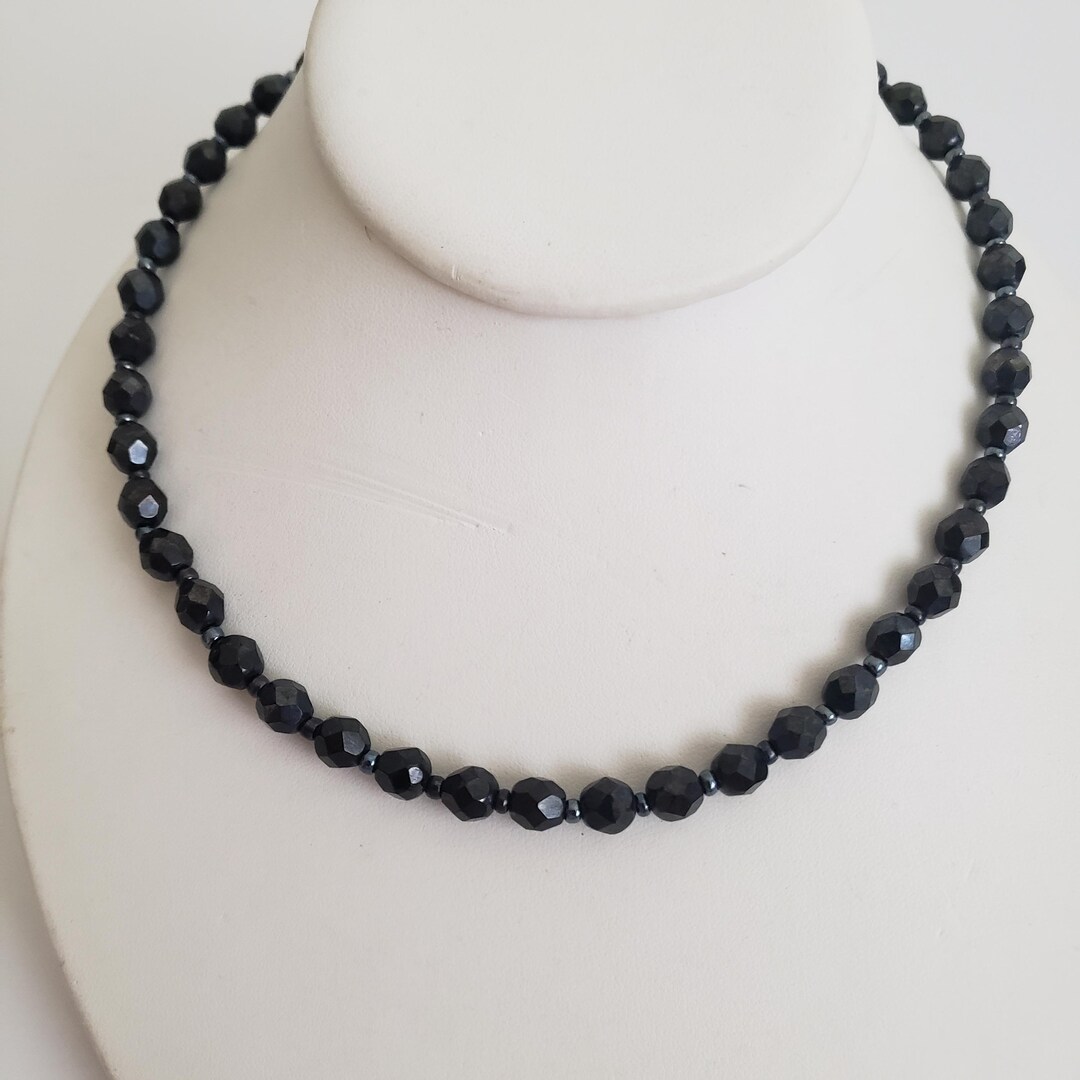 Vintage Single Strand Glass French Jet Bead Necklace or Choker, Black ...