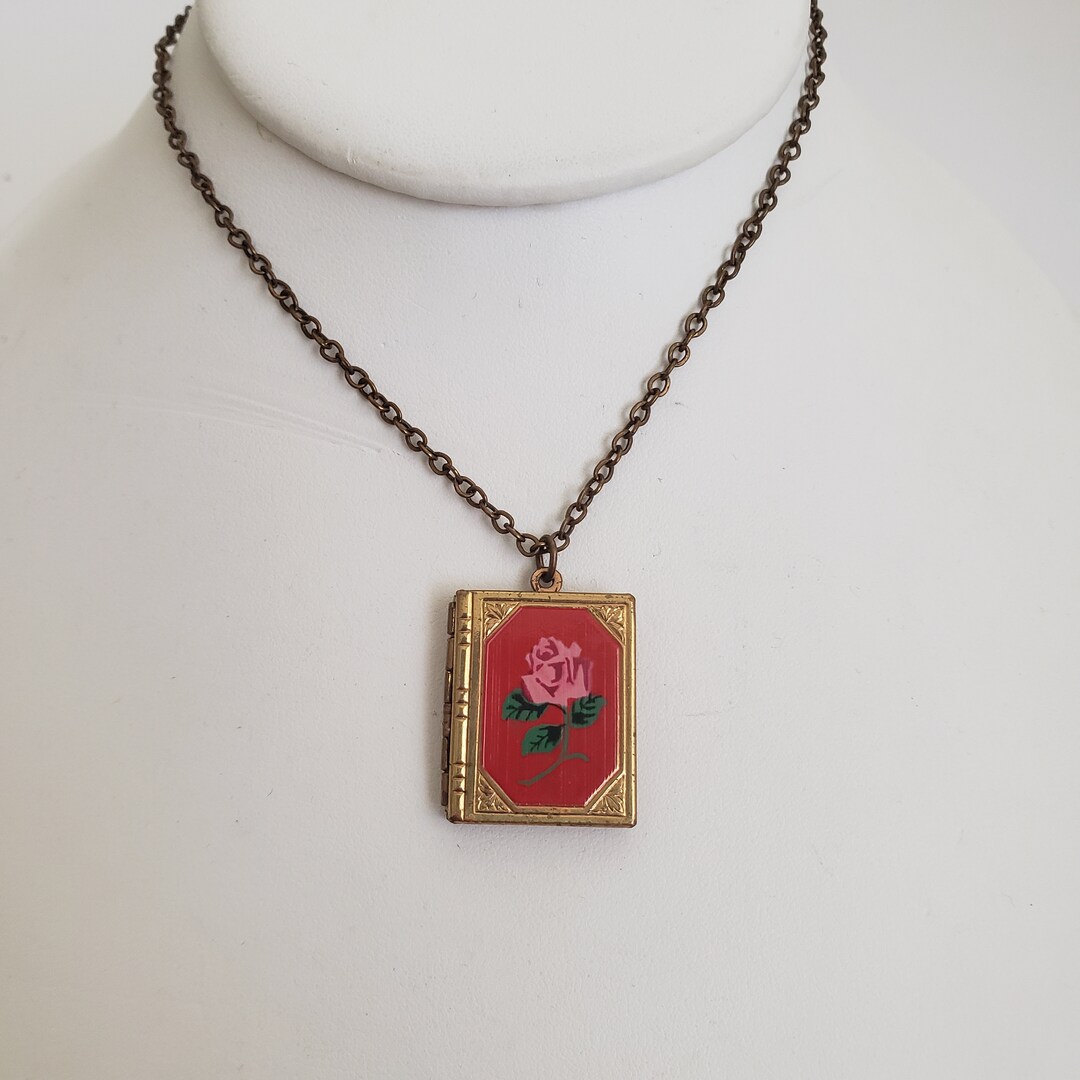 Vintage Gold Tone Book Shaped Locket Necklace or Choker With Red Cameo ...