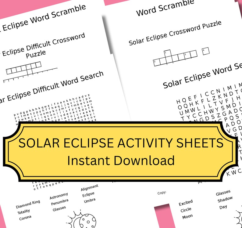 Solar Eclipse April Activity Sheets Word Search Crossword Scramble Fun ...