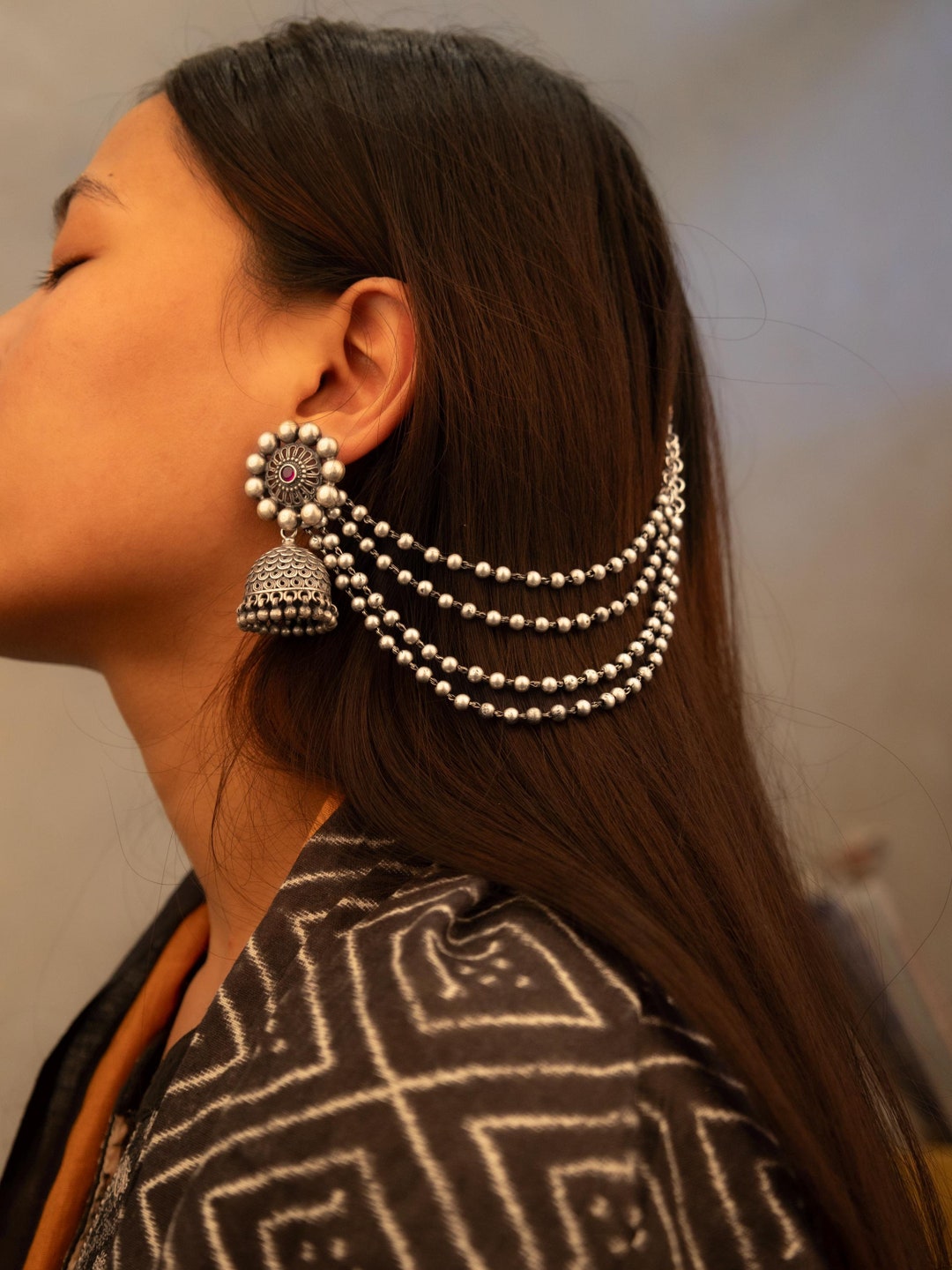 Anvaya Classic Four Layer Ball Earchain, 925 Sterling Silver Ball Kaan ...