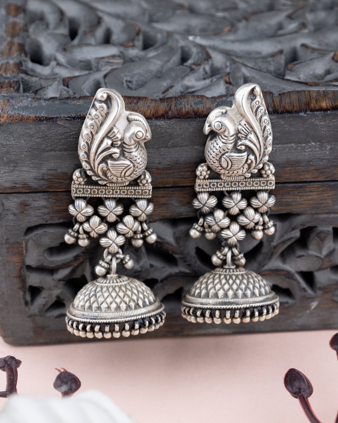 925 Sterling Silver Tattva Peacock Jali Textured Grand Jhumka ...