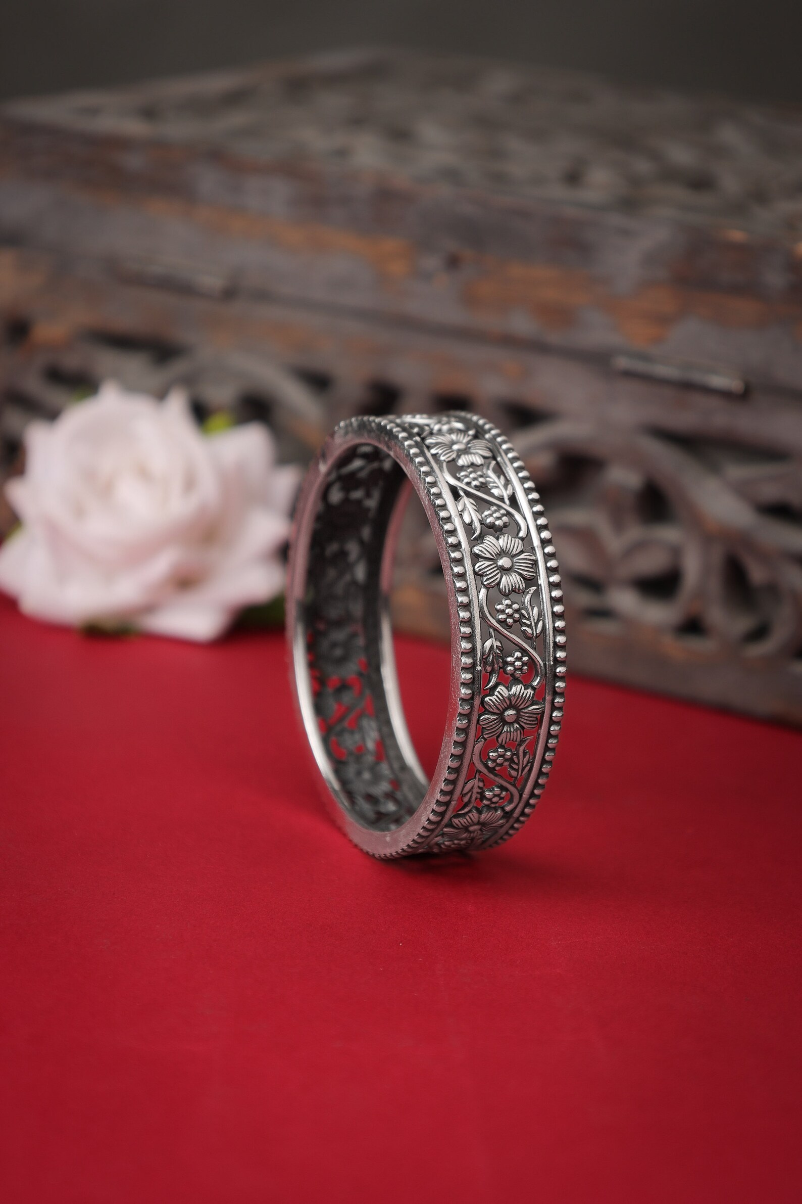 Flower Leaf Sterling Silver Bangle, Oxidized Indian Chudi - Etsy Canada