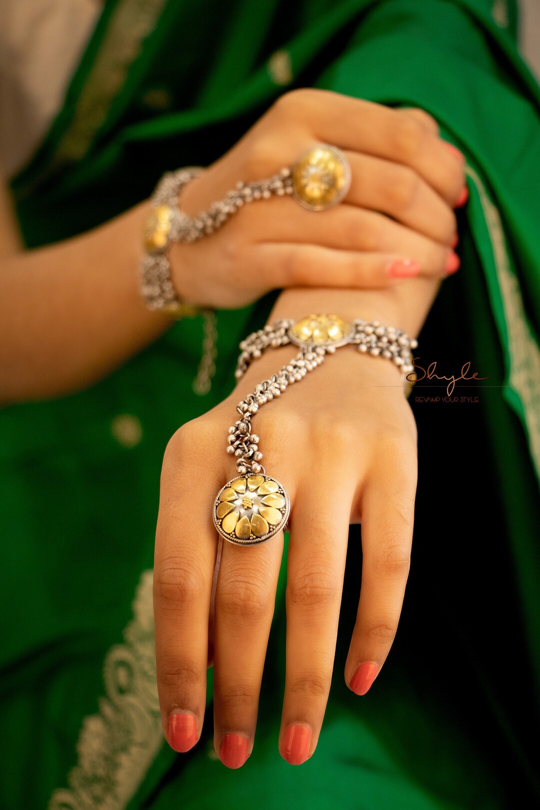 Moh Petal Ghughri Statement Dual Tone Hathphool, Sterling Silver 925 ...