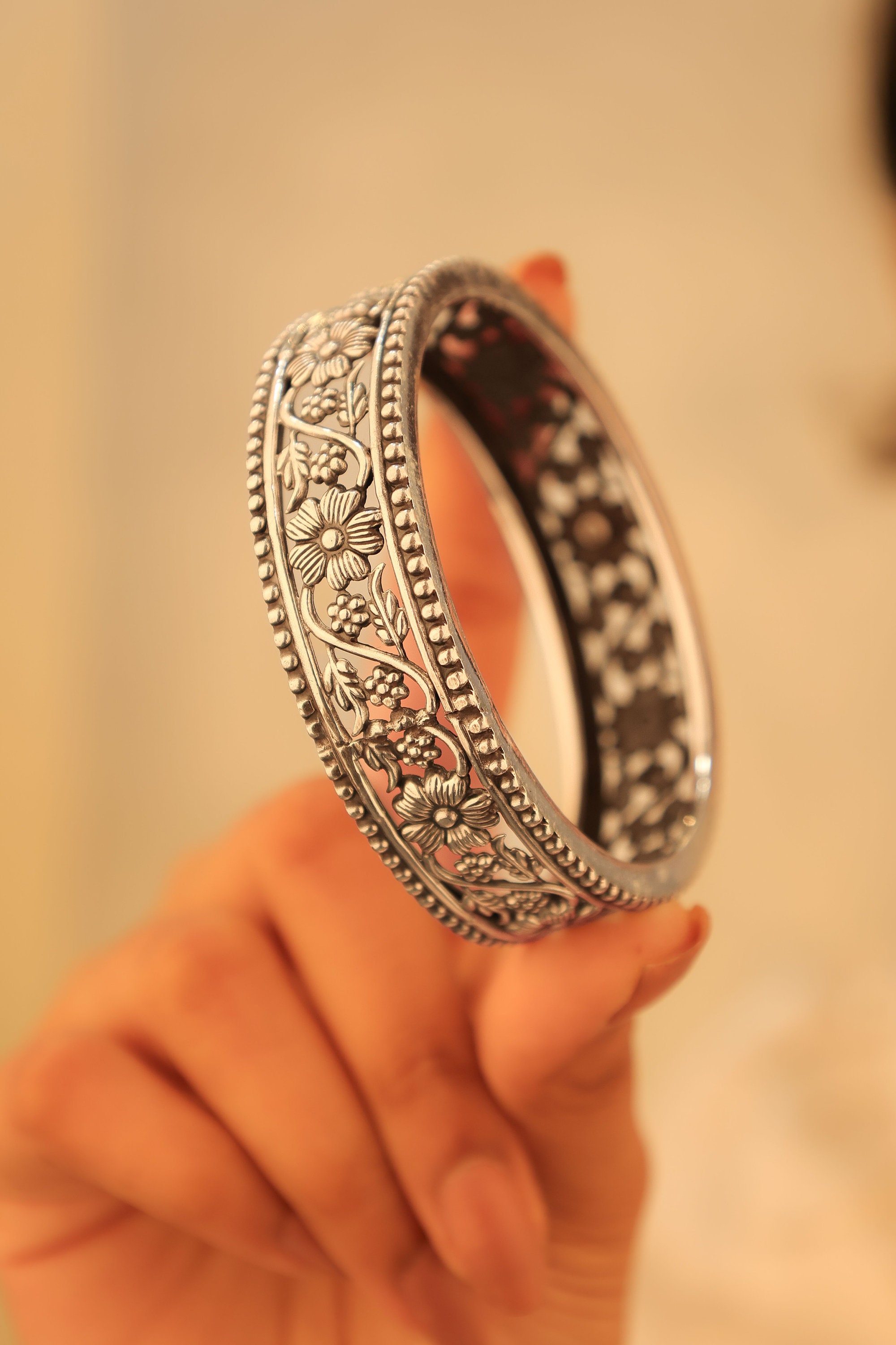 Flower Leaf Sterling Silver Bangle, Oxidized Indian Chudi - Etsy Canada