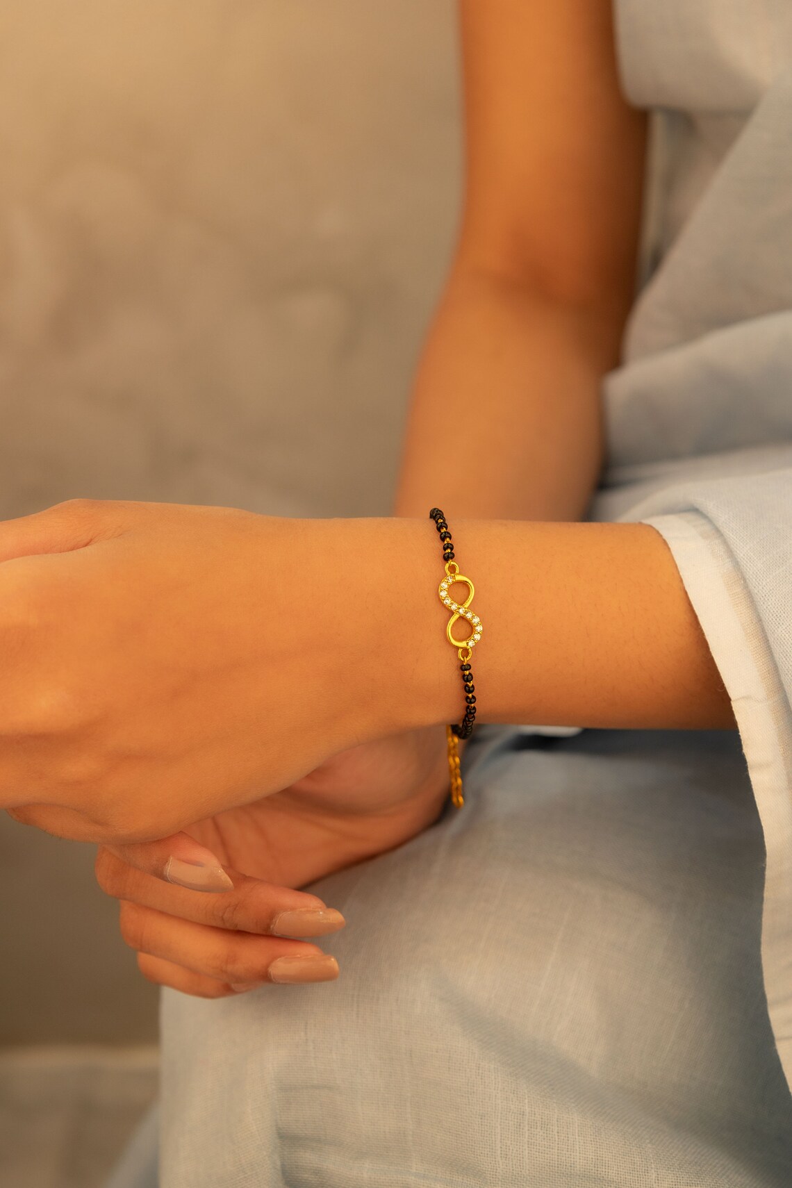 Gold Plated Infinity Knot Mangalsutra Bracelet, Black Beaded Chain, 925 ...