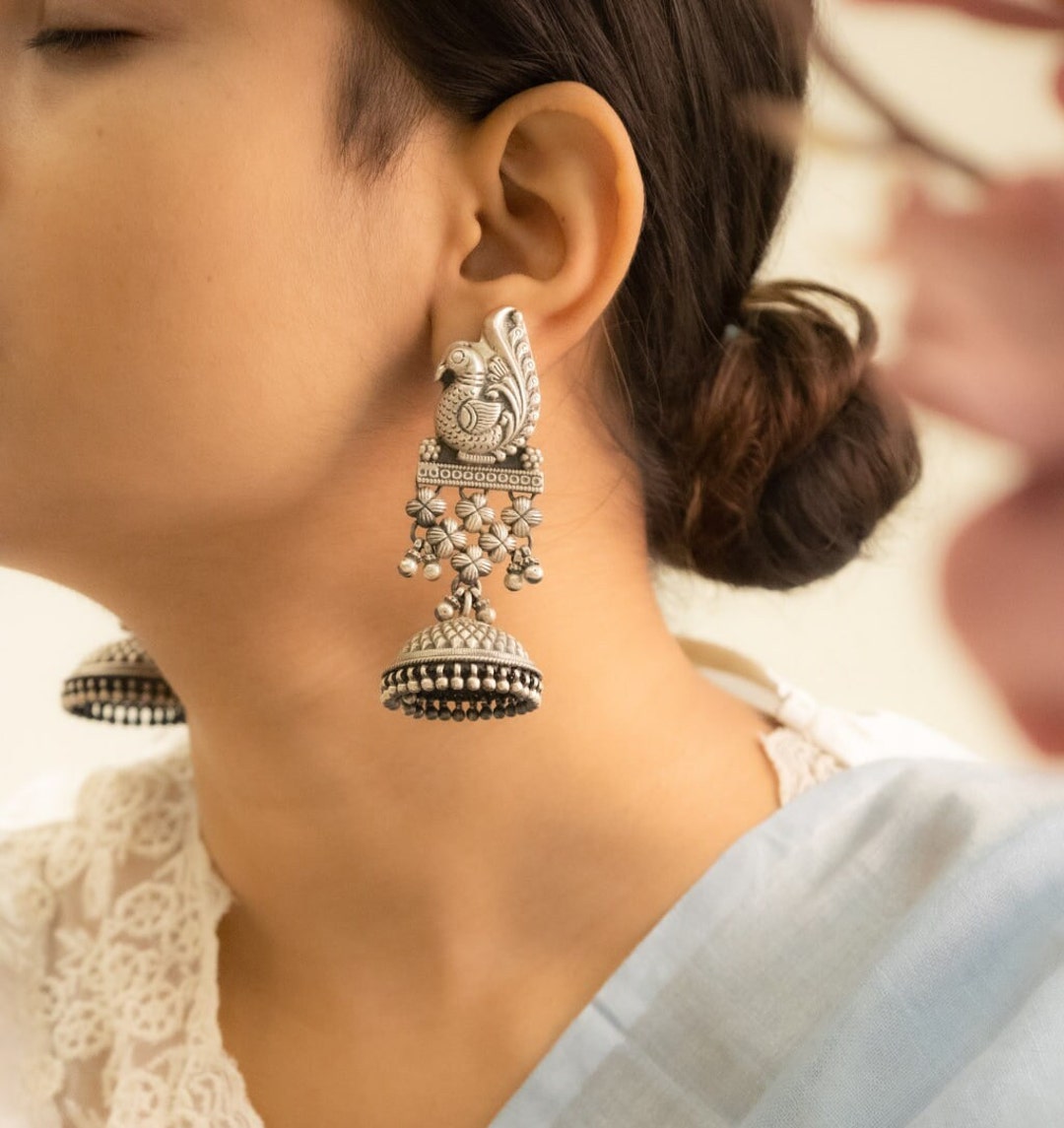 925 Sterling Silver Tattva Peacock Jali Textured Grand Jhumka ...