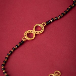 Gold Plated Infinity Knot Mangalsutra Bracelet, Black Beaded Chain, 925 ...