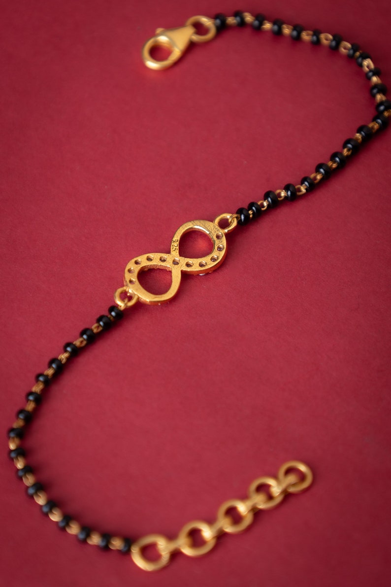 Gold Plated Infinity Knot Mangalsutra Bracelet, Black Beaded Chain, 925 ...