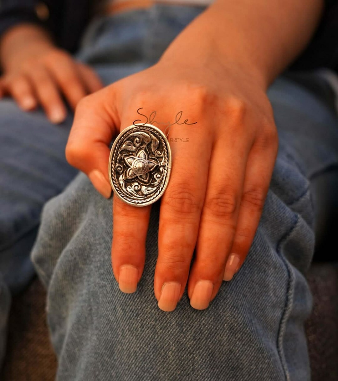 Anvaya Flora Motif Chitai Oval Ring, Adjustable 925 Sterling Silver Ring, Statement Adjustable ...