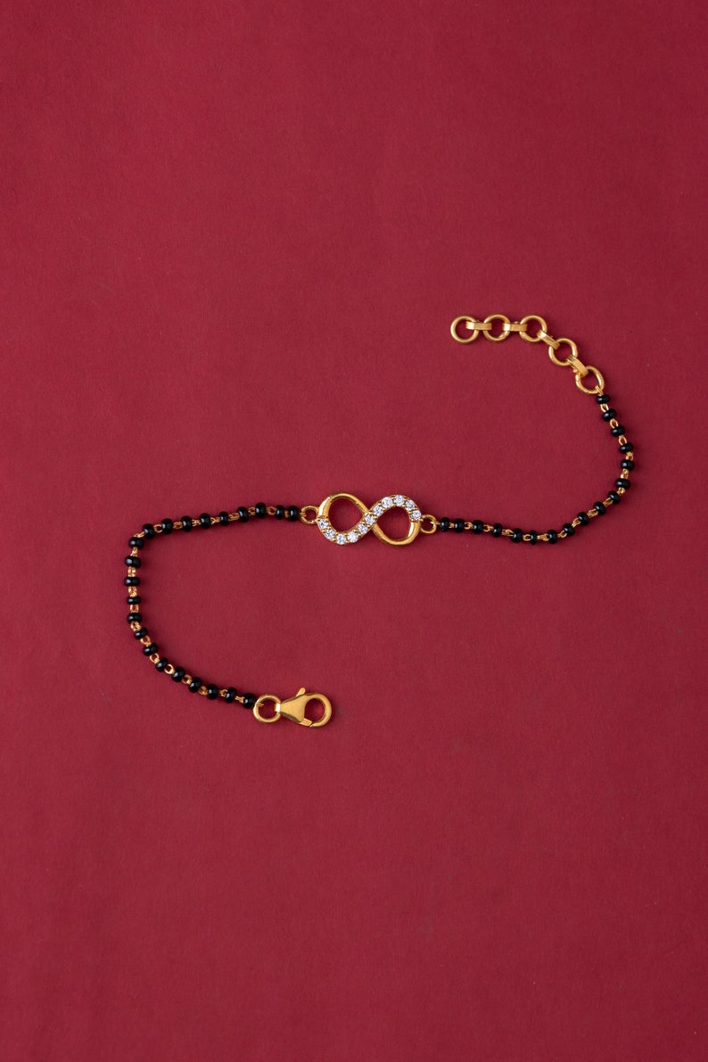 Gold Plated Infinity Knot Mangalsutra Bracelet, Black Beaded Chain, 925 ...