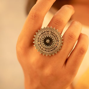 92.5 Sterling Silver Adya Chakra Intricate Ring, Indian Oxidized Silver Ring, Statement ...