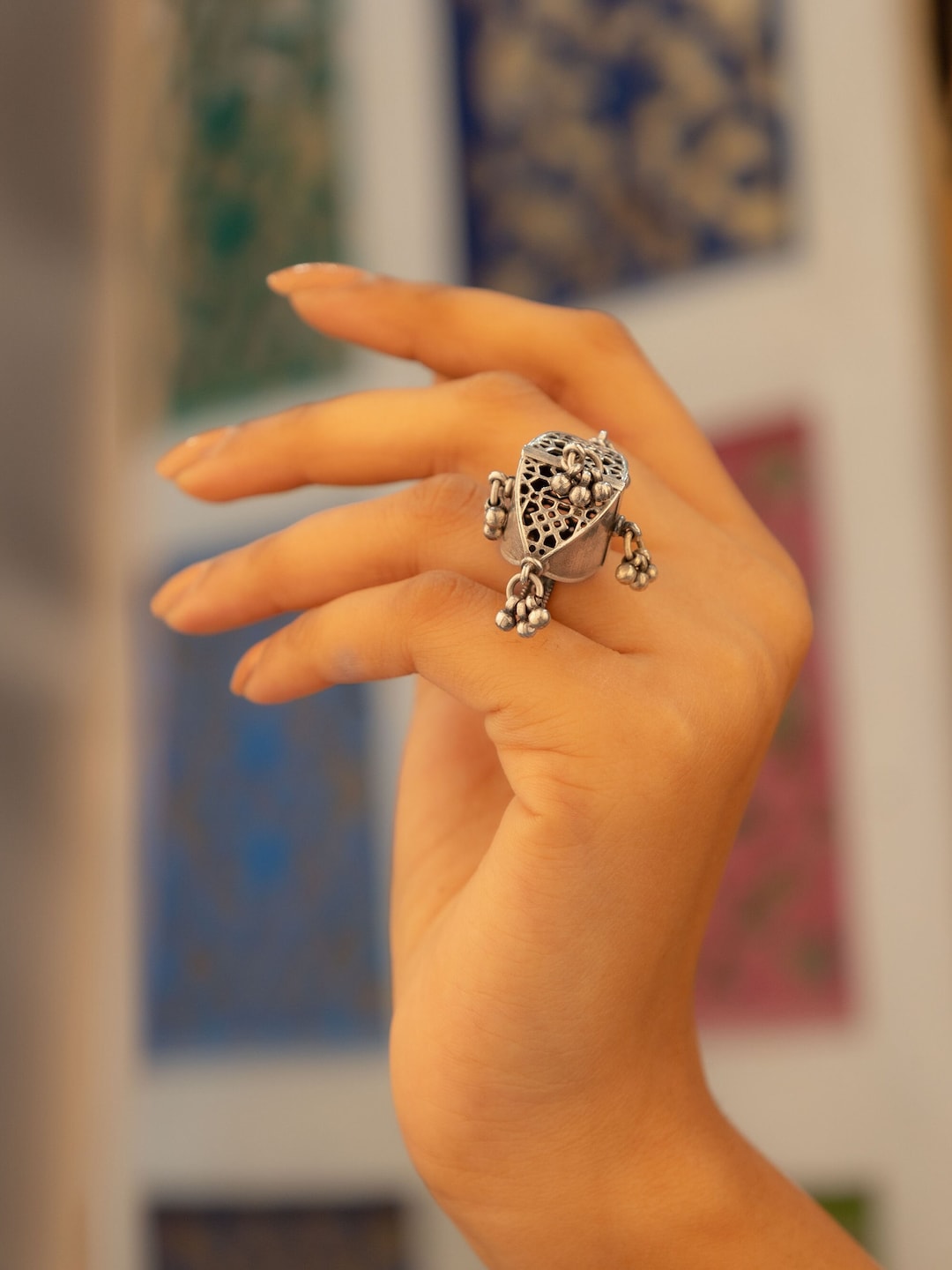 92.5 Sterling Silver Adya Ghughri Drop Carved Embossed Ring, Handcrafted Oxidized Pure Silver ...