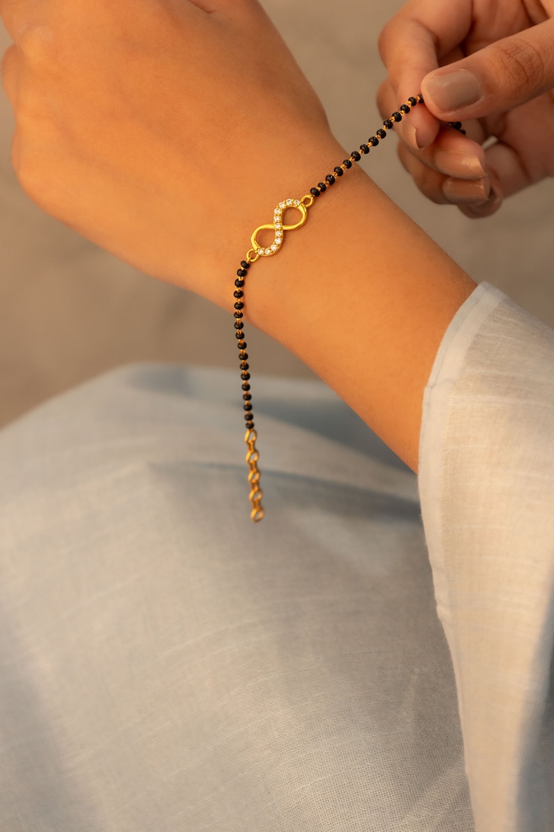 Gold Plated Infinity Knot Mangalsutra Bracelet, Black Beaded Chain, 925 ...