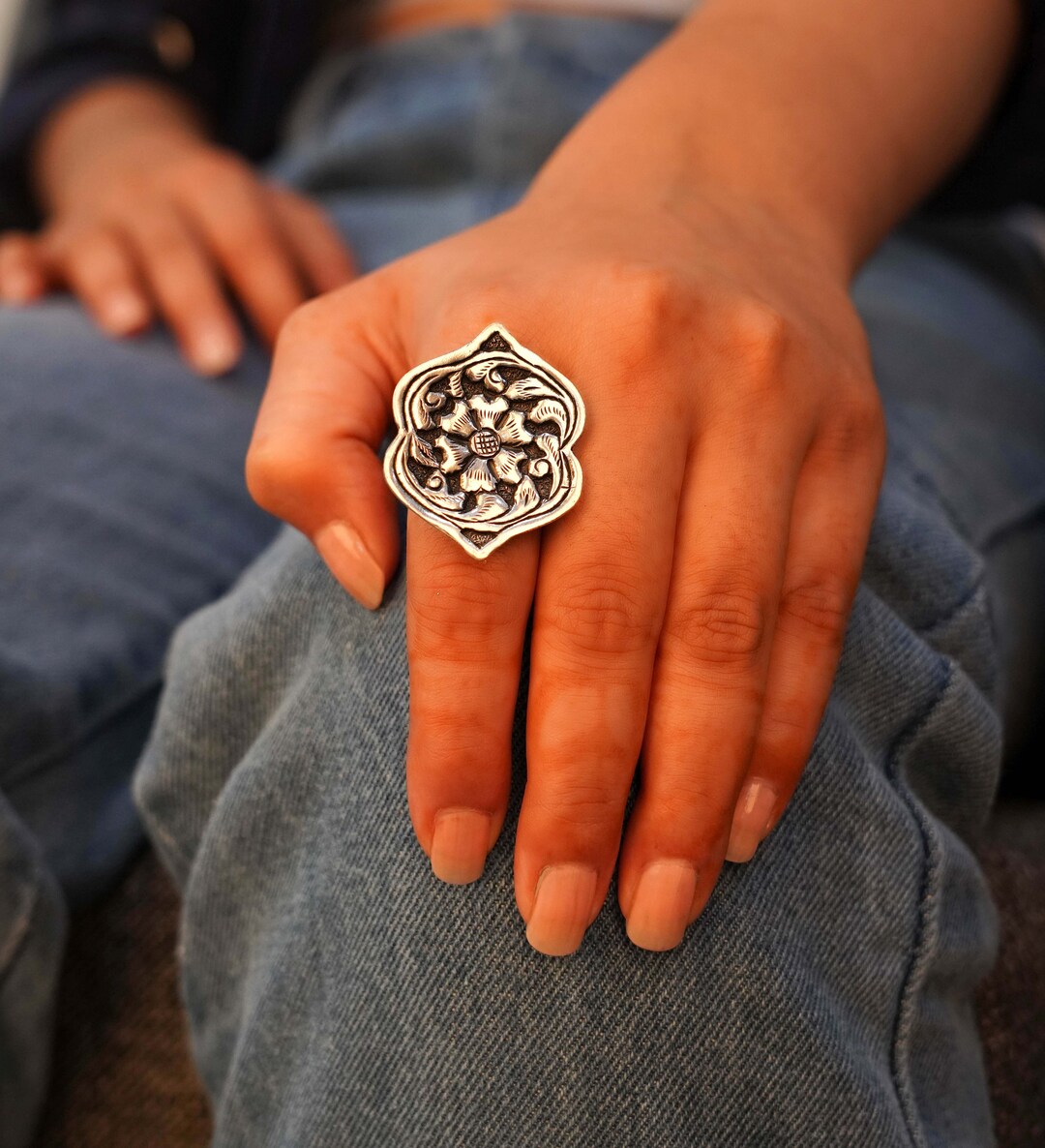 Anvaya Flora Vintage Inspired Chitai Ring, Statement Adjustable Ring, Oxidized Silver Indian ...