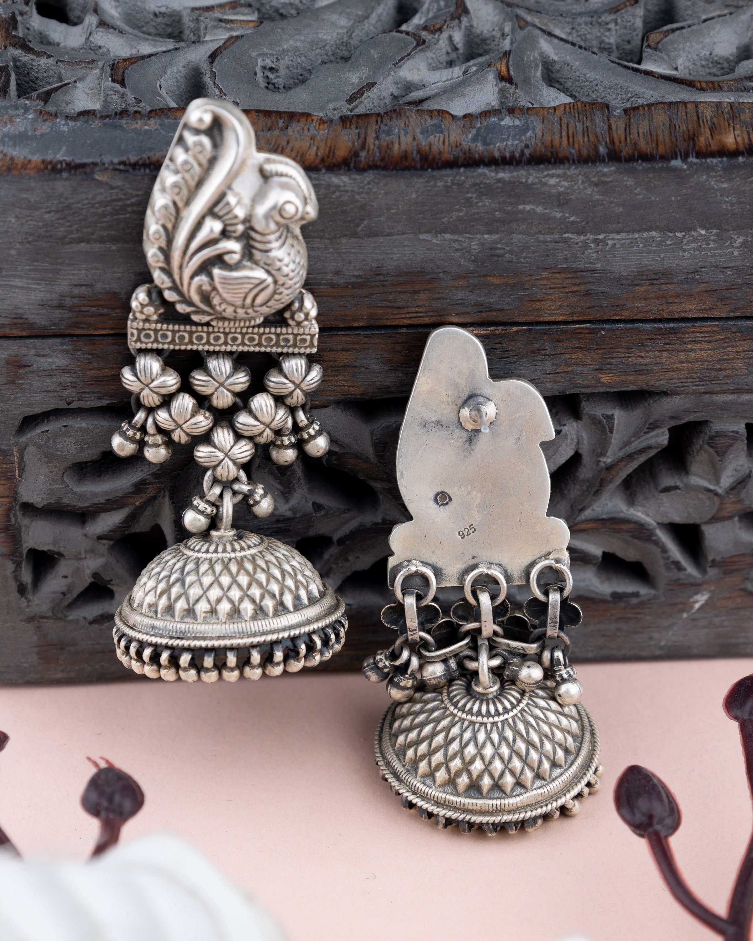 925 Sterling Silver Tattva Peacock Jali Textured Grand Jhumka ...