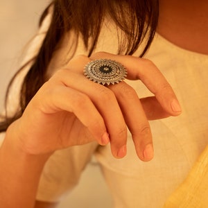 92.5 Sterling Silver Adya Chakra Intricate Ring, Indian Oxidized Silver Ring, Statement ...
