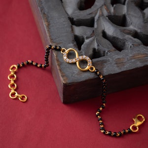 Gold Plated Infinity Knot Mangalsutra Bracelet, Black Beaded Chain, 925 ...