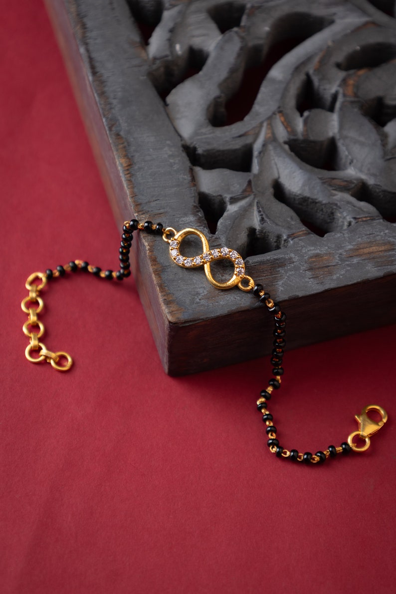 Gold Plated Infinity Knot Mangalsutra Bracelet, Black Beaded Chain, 925 ...