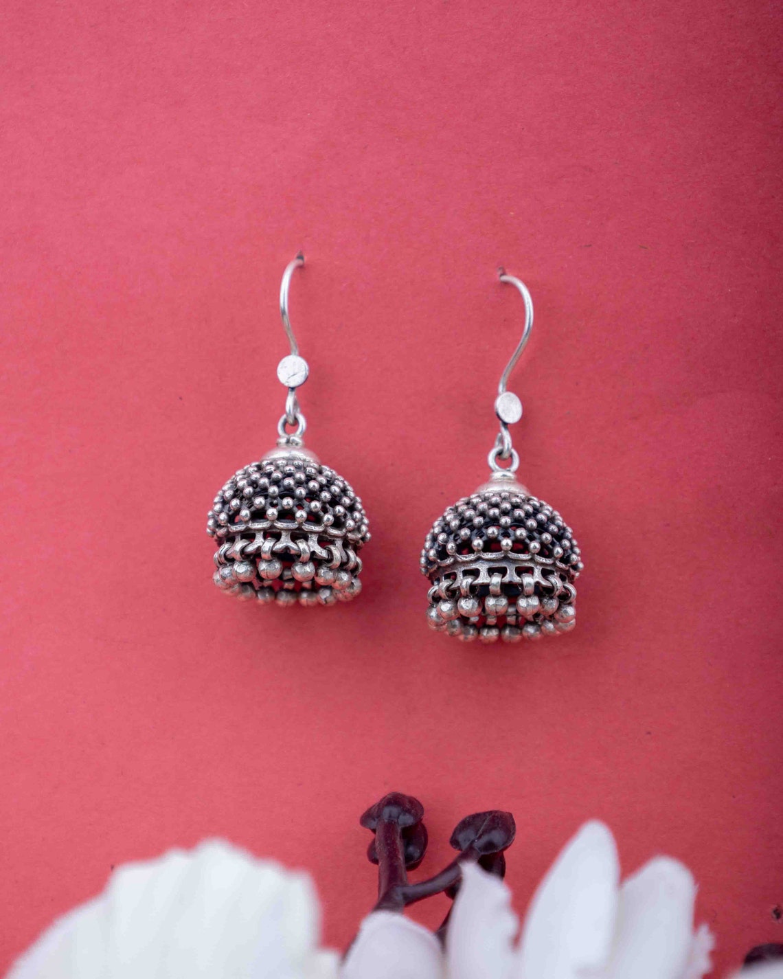 925 Sterling Silver Moh Embossed Jali Fish Hook Jhumki, Handcrafted ...