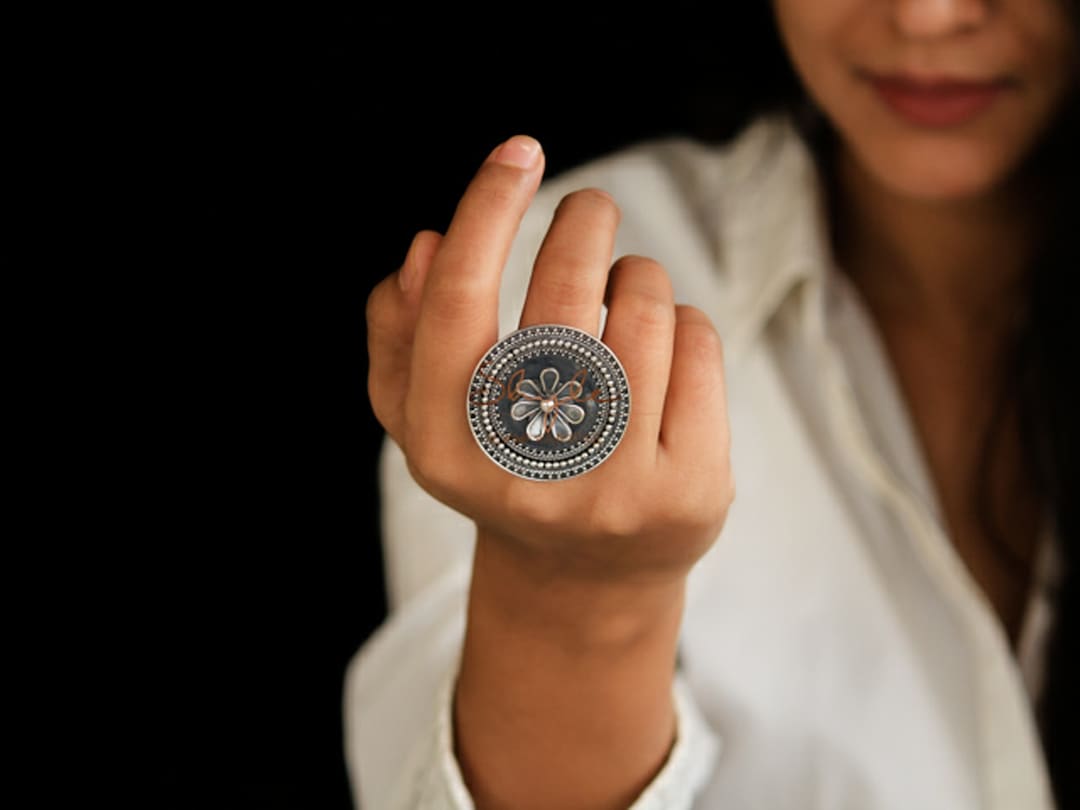 Anvaya Sequence Flower Motif Ring, Statement Adjustable Ring, Oxidized Silver Indian Jewelry ...