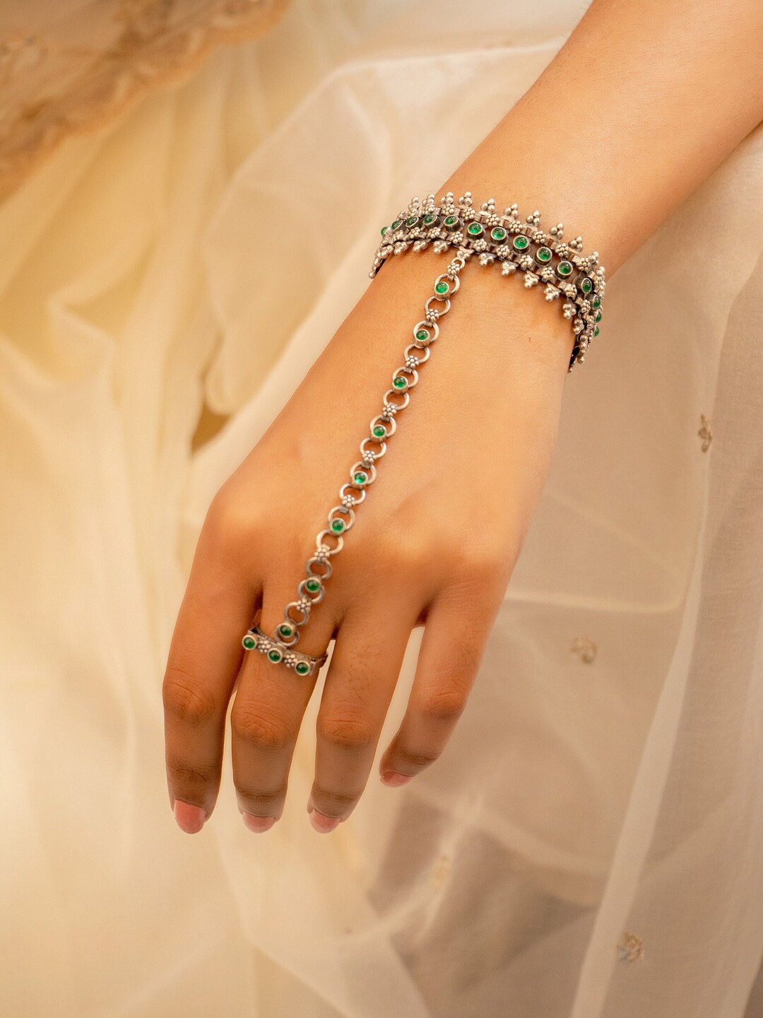 Tattva Jadau Hathphool, Solid Sterling Silver 925 Chain Bracelet ...