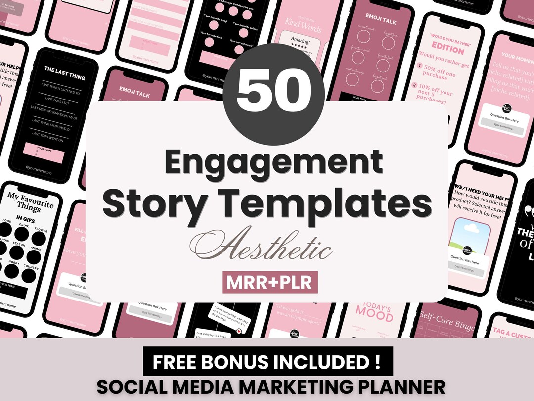 50 Pink Instagram Engagement Story Templates with PLR & MRR, Editable ...