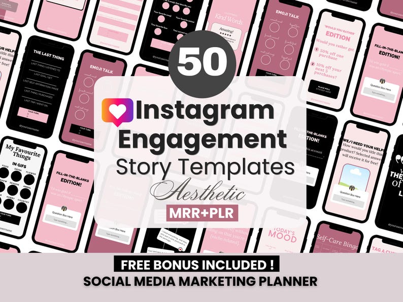 50 Pink Instagram Engagement Story Templates With PLR & MRR, Editable ...