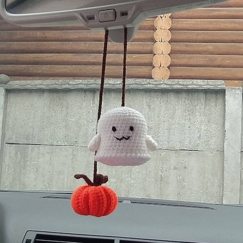 Hanging Pumpkin Rear View Mirror Crochet Halloween Car - Etsy