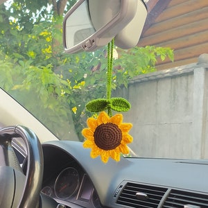 Cute Car Accessories for Women Sunflower, Crochet Sunflower Hanging Car ...
