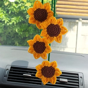 Set of 4 Crochet Sunflowers Car Accessory, Cute Car Mirror Hanging ...