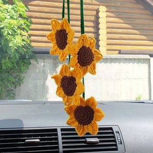 Set of 4 Crochet Sunflowers Car Accessory, Cute Car Mirror Hanging ...
