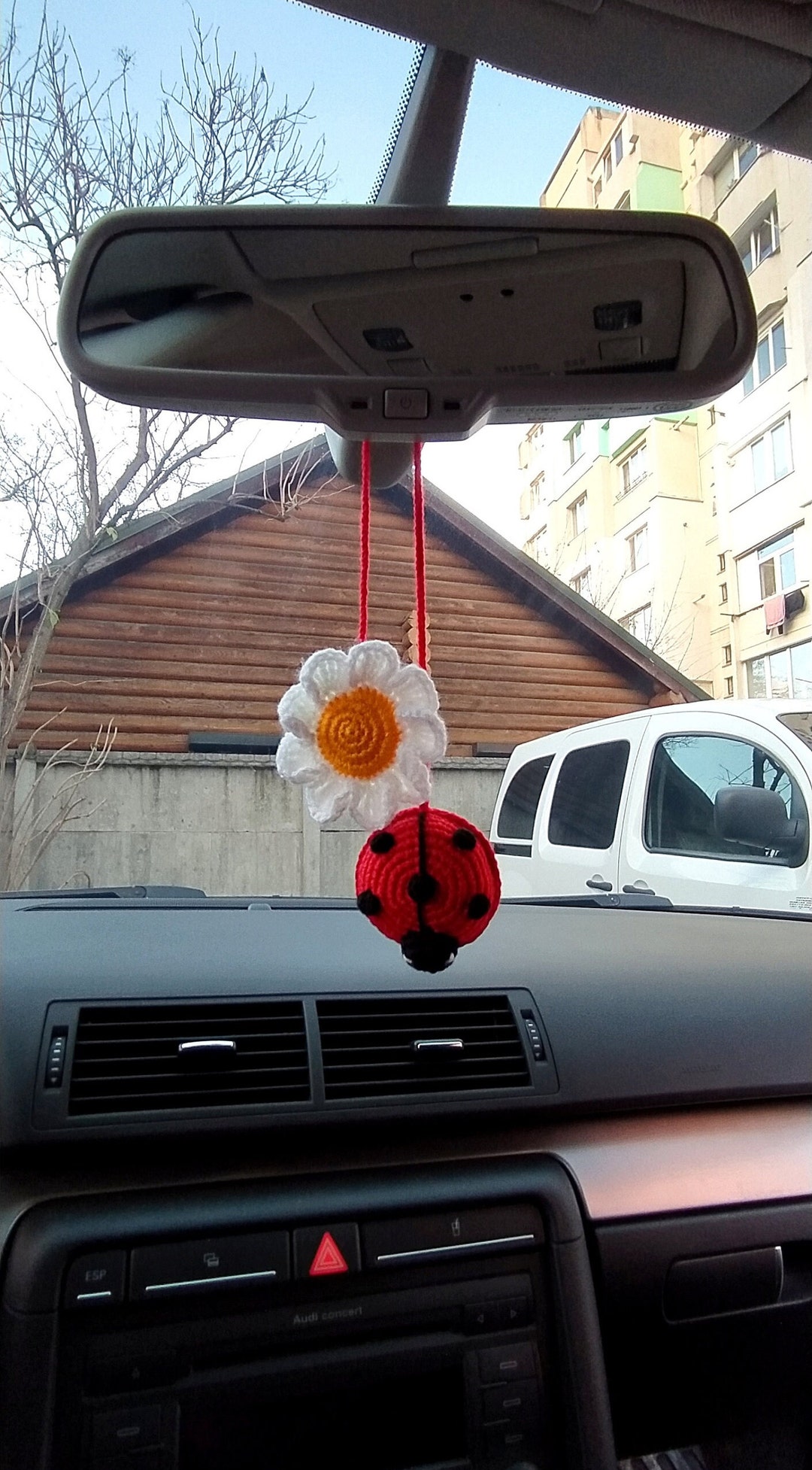 Cute Crochet Ladybug Flower Car Mirror, Car Decoration for Woman Car ...
