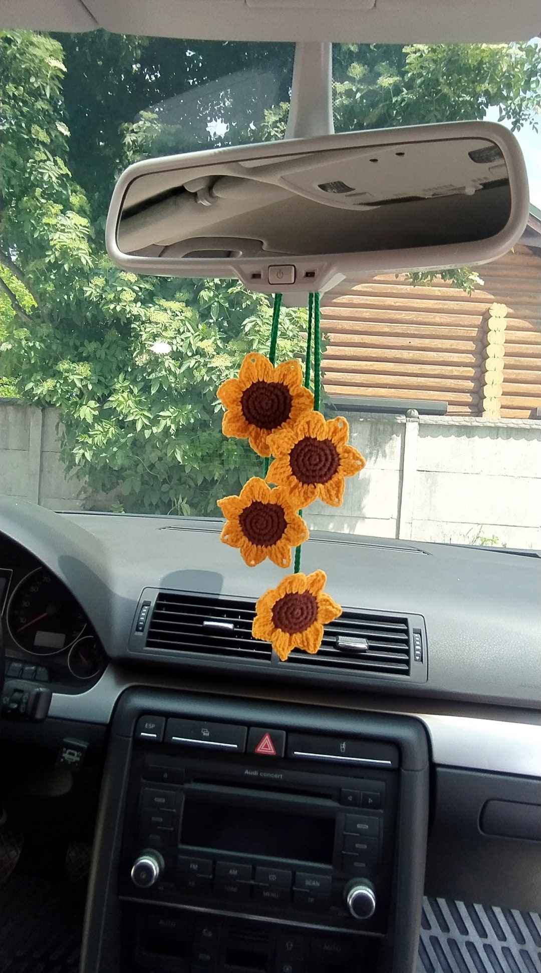 Set of 4 Crochet Sunflowers Car Accessory, Cute Car Mirror Hanging ...