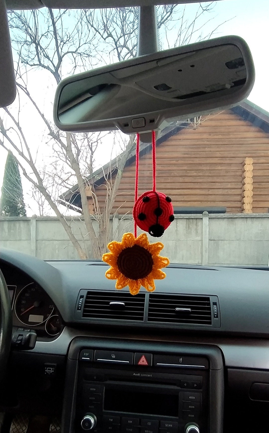 Crochet Sunflower Wiht Ladybug Car Accessories, Cute Car Mirror Hanging ...