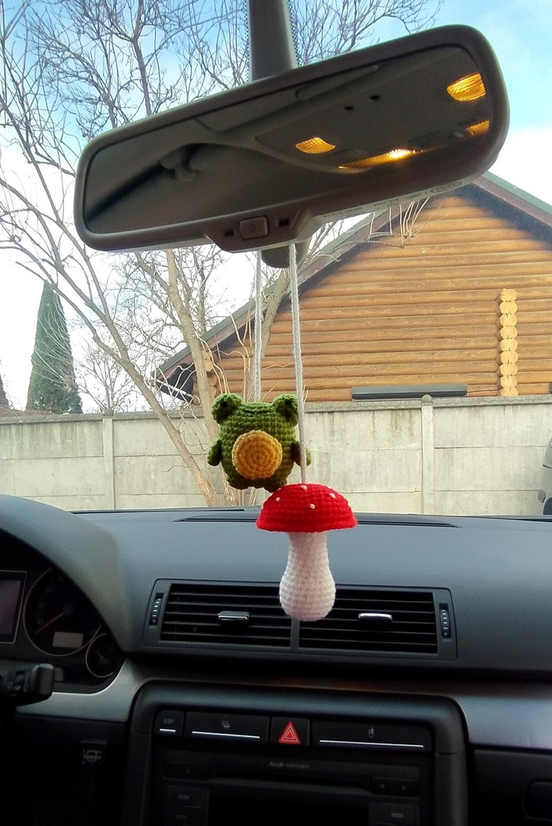 Cute Amigurumi Crochet Frog and Mushroom Rear View Mirror - Etsy