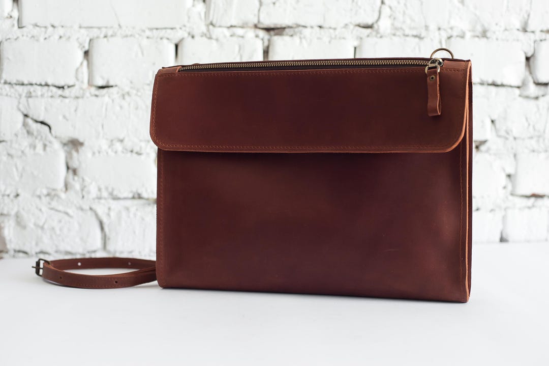Cognac Brown Leather Paper Folder Bag, Mens Crossbody Messenger, Women ...