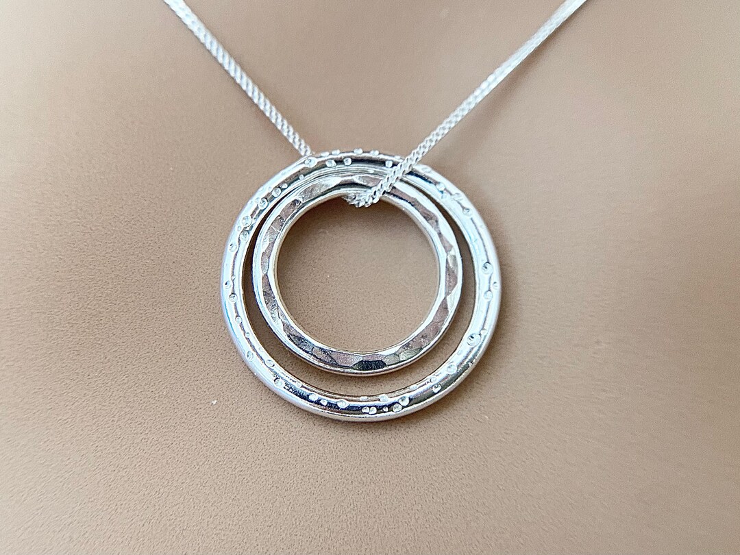Silver Circle Two Ring Pendant Necklace, Hammered Silver Necklace, Gift ...