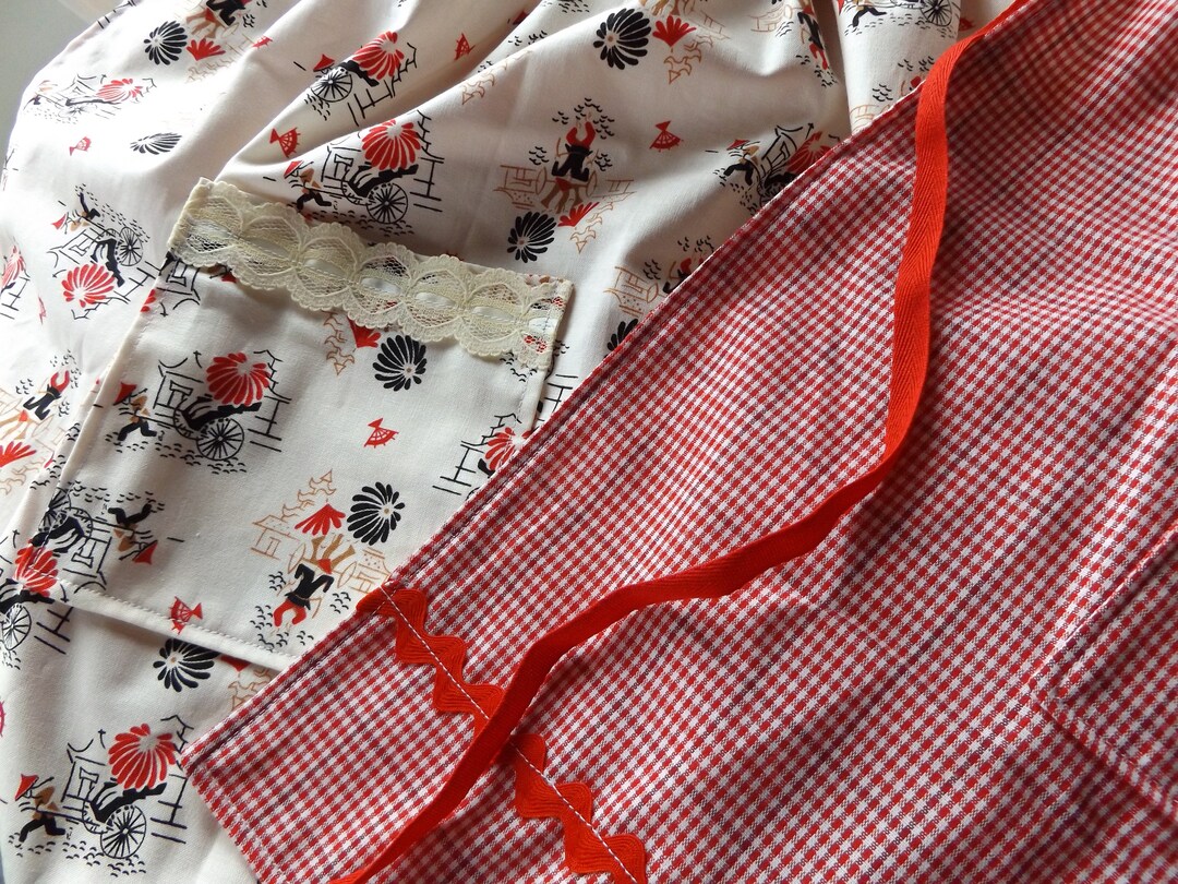 Reversible Retro Waist Apron With Long Ties and Pockets, Double Sided ...
