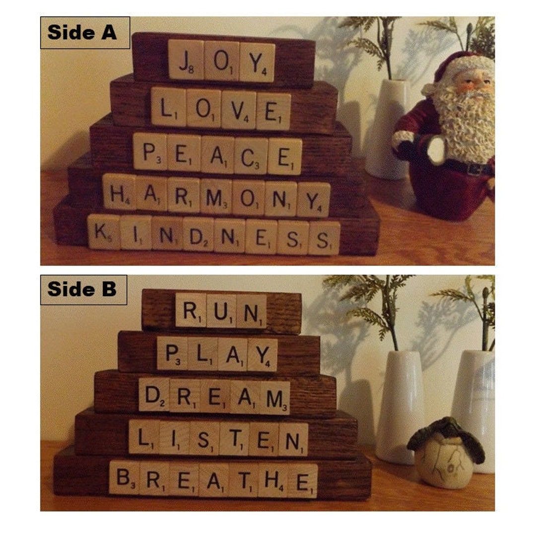 Reversible Oak Blocks With Upcycled Scrabble Tile Words Shelf Décor ...