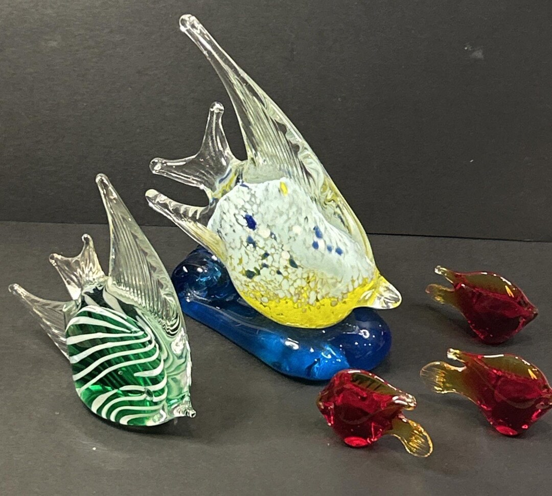 5 Art Glass Tropical Fish Paperweights Figurine 6” 4.5” 2.25” Green ...