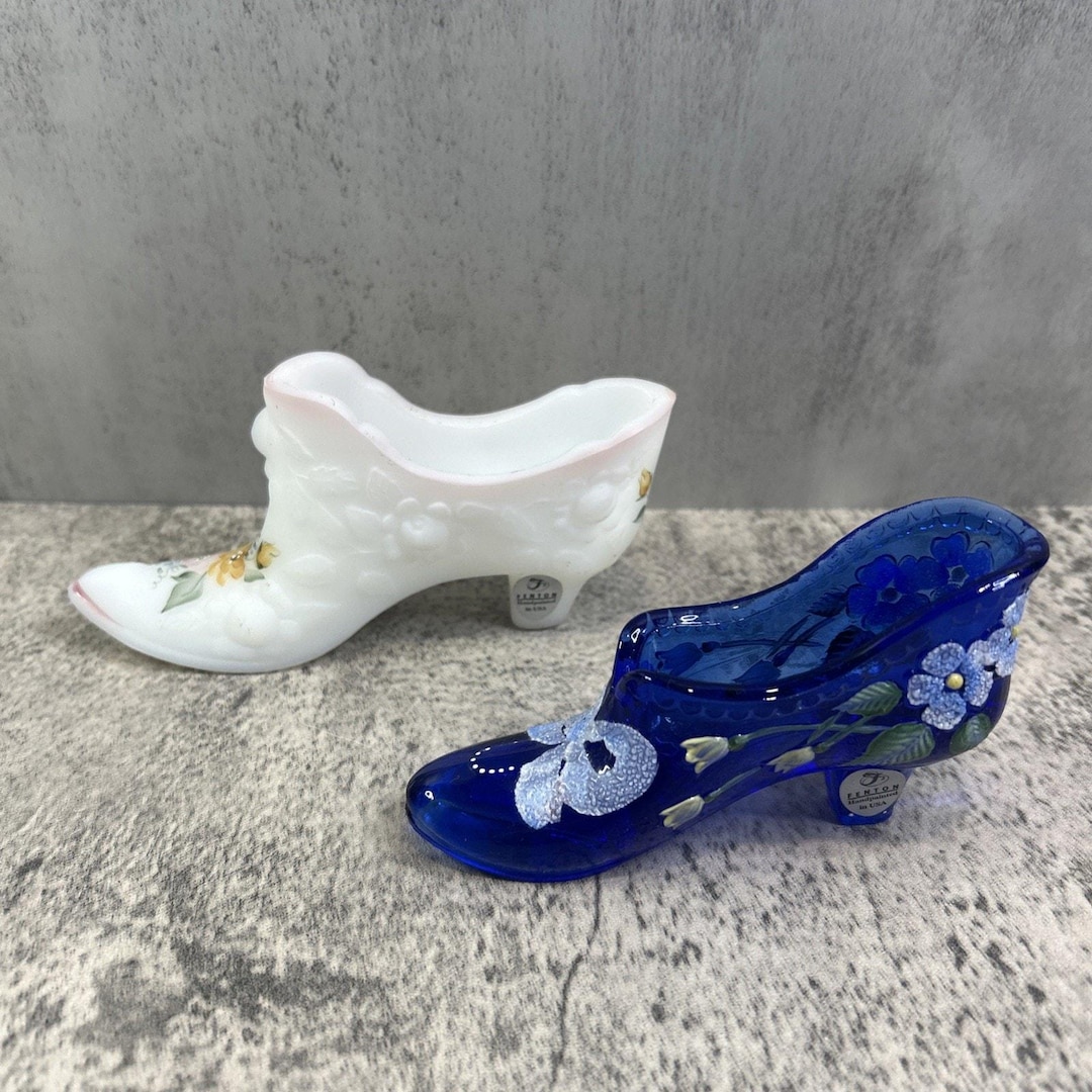 2 Fenton Glass Boots 1 Hand Painted Rose Boot & 1 Cobalt Blue Glass ...