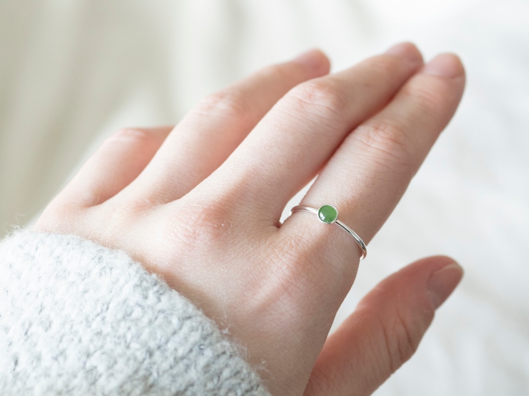 Thin Silver 4mm Jade Ring, Dainty Jade Ring, Small Gemstone Bezel Ring ...
