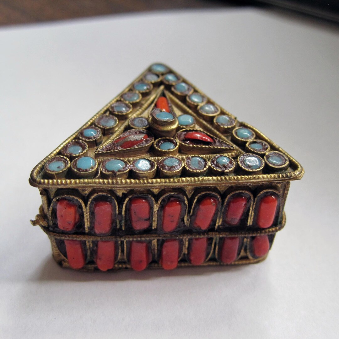Snuff or Trinket Box Triangle Shape Brass Adorned With Blue and Red ...